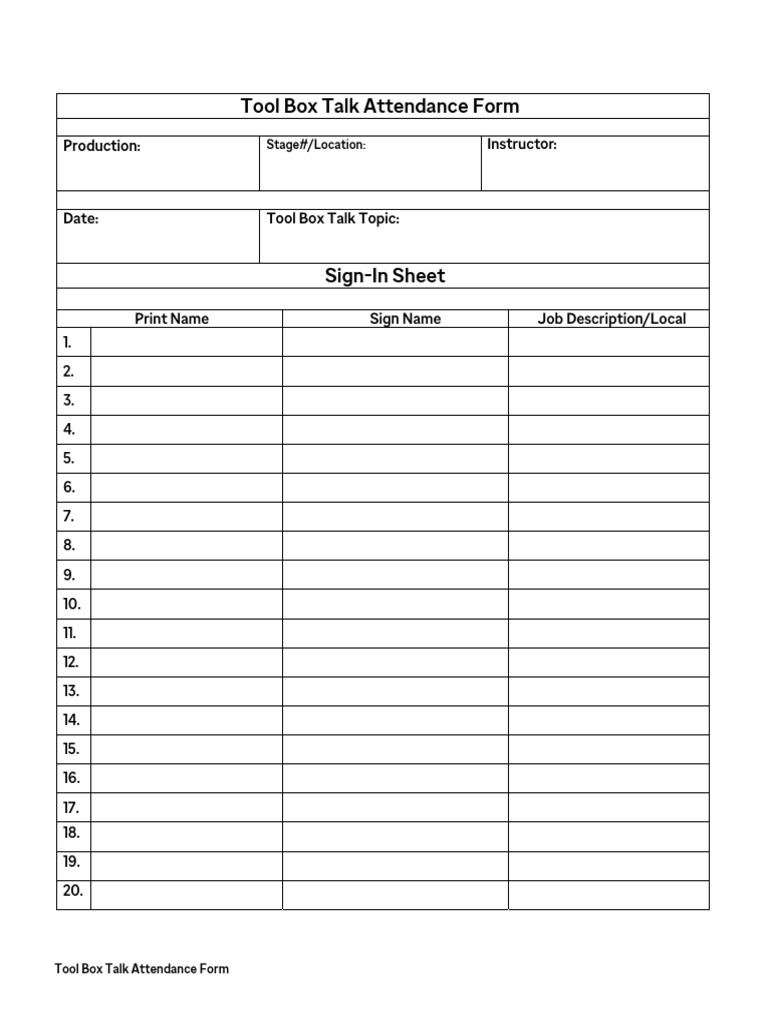 ToolBox Talk Attendance Sign in Sheet | PDF