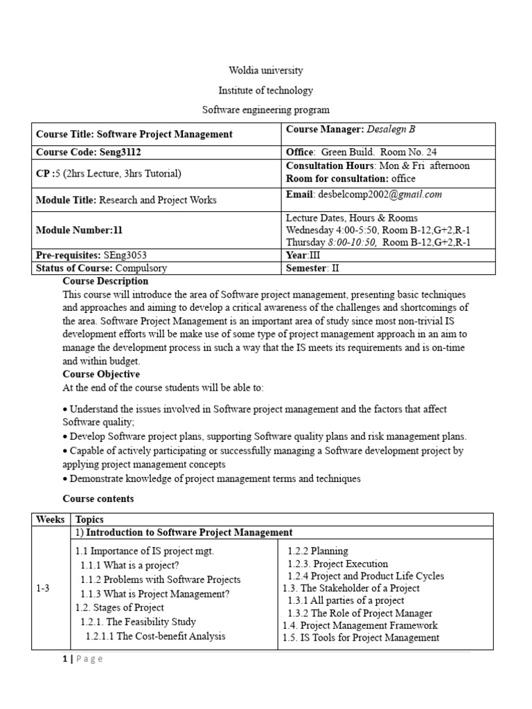 Software Prject MGT Course Outlinetitle 2017 #3rd Year | PDF | Project ...