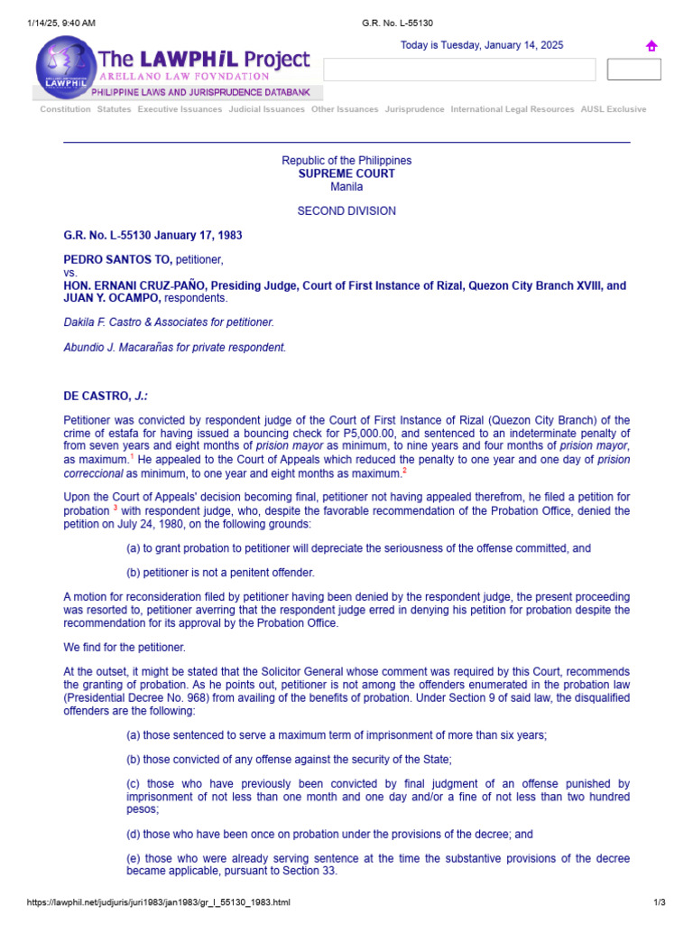 G.R. No. L-55130 | PDF | Probation | Crimes