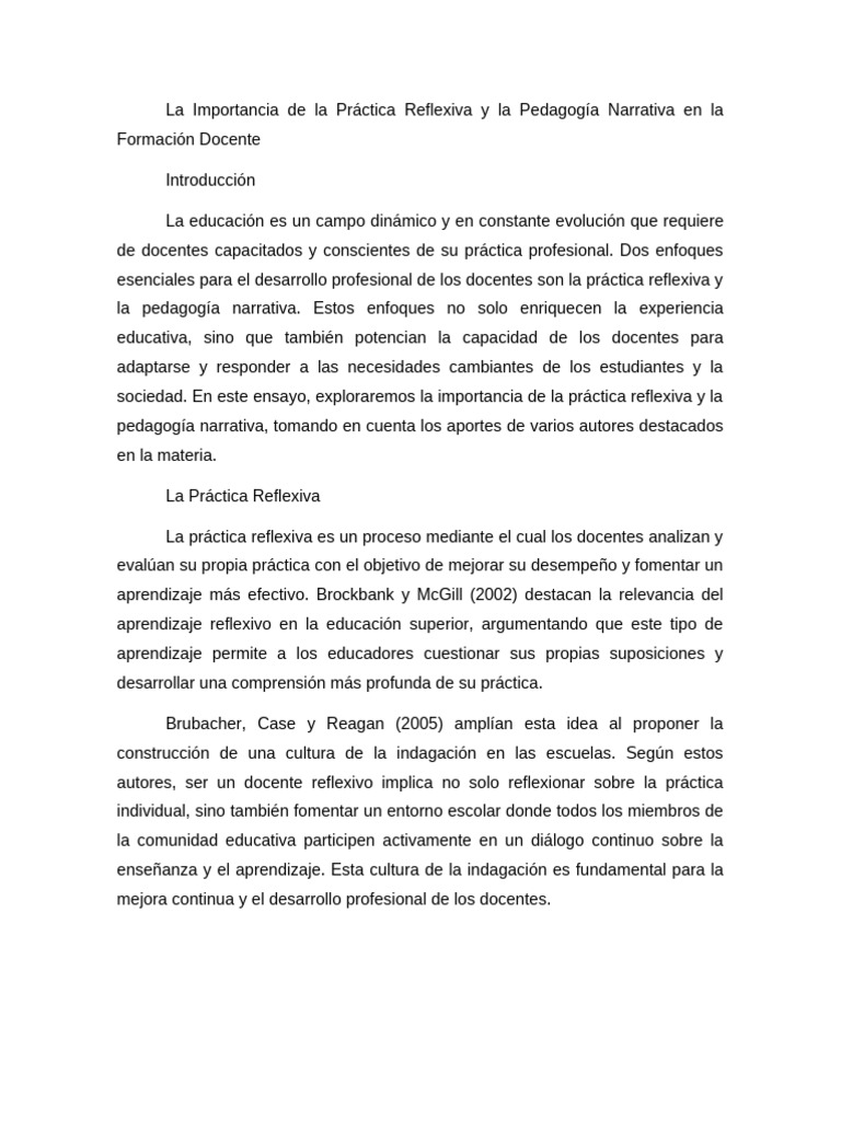 La Importancia de La Práctica Reflexiva y La Pedagogía Narrativa en La Formación Docente | PDF ...