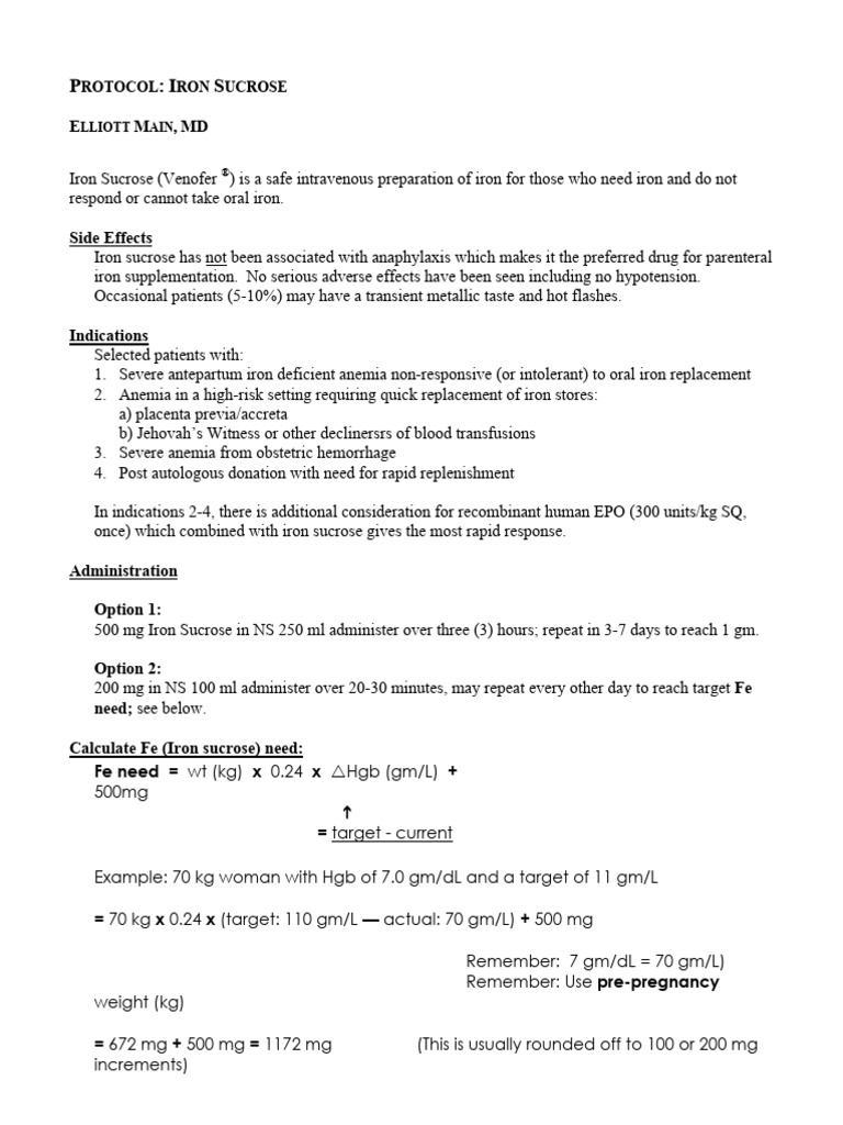 Iron Sucrose Protocol | PDF