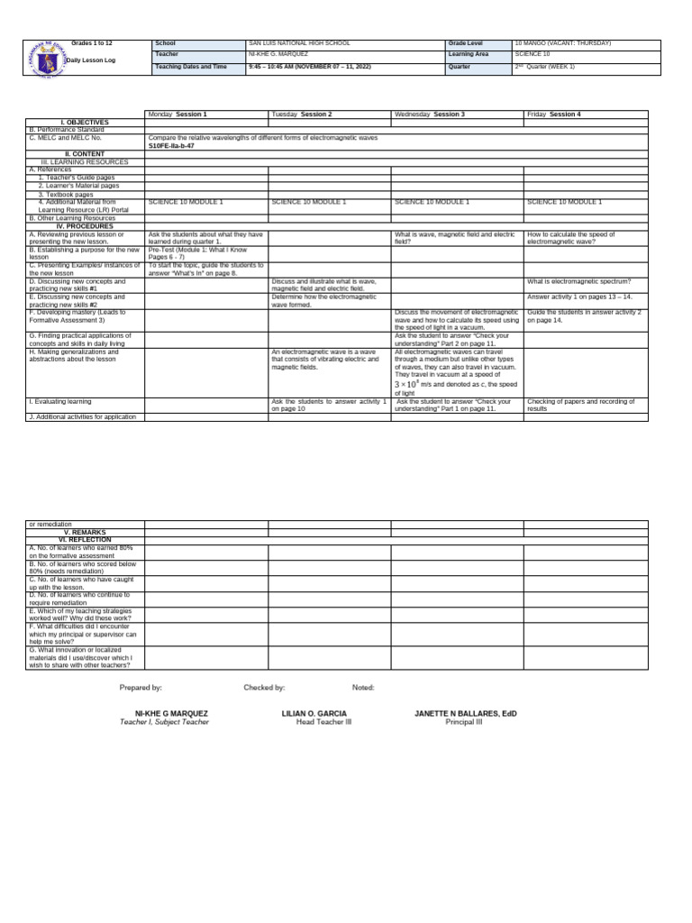 SCIENCE 10 DLL - 2nd Quarter | PDF | Electromagnetic Radiation | Electromagnetism