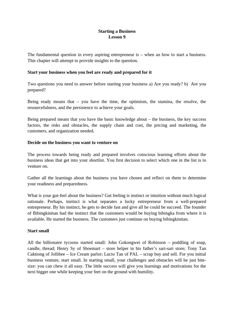 Lesson 9 Starting A Business | PDF | Expense | Customer