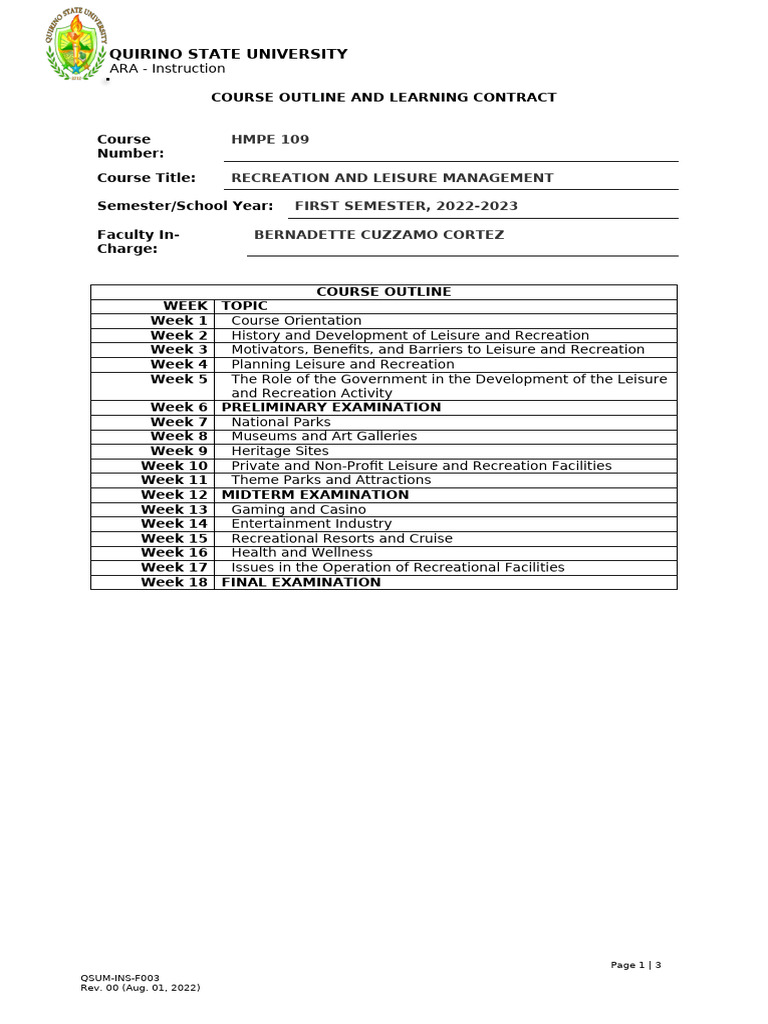 Course Outline and Learning Contract Template | PDF