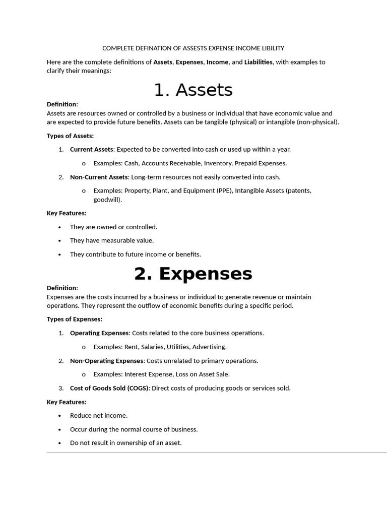 Definitions of Assets, Liabilities, Income | PDF | Expense | Income