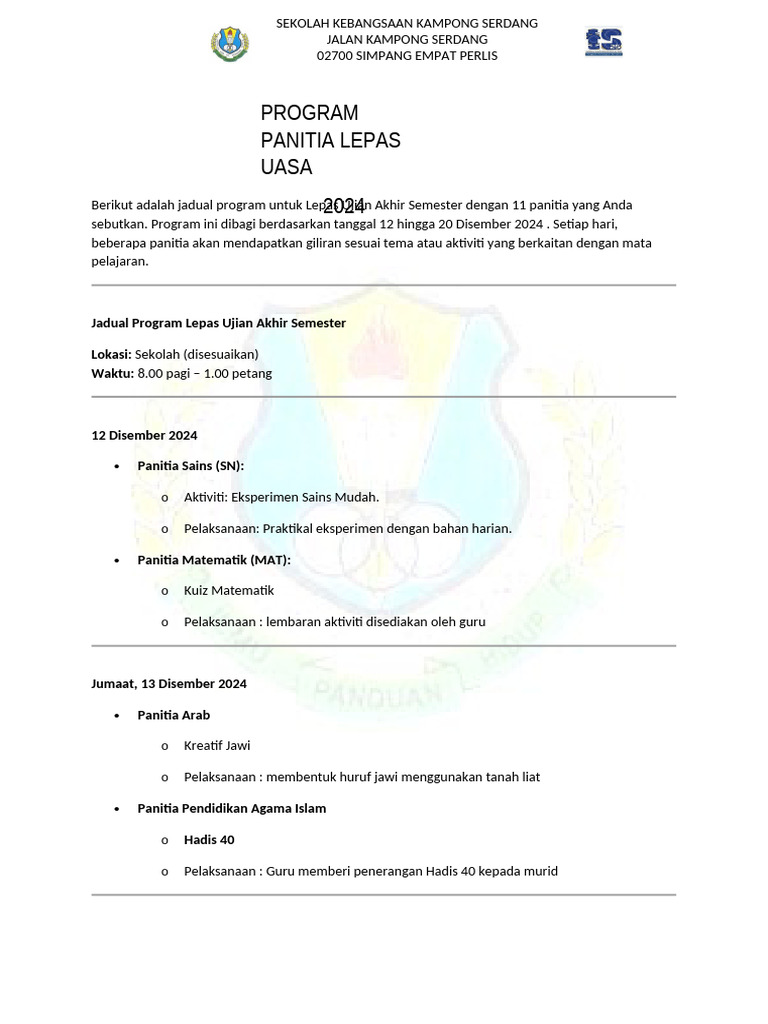Program Panitia Lepas Uasa 2024 | PDF