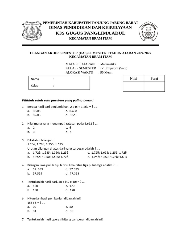 Soal Uas MTK Kelas 4 | PDF