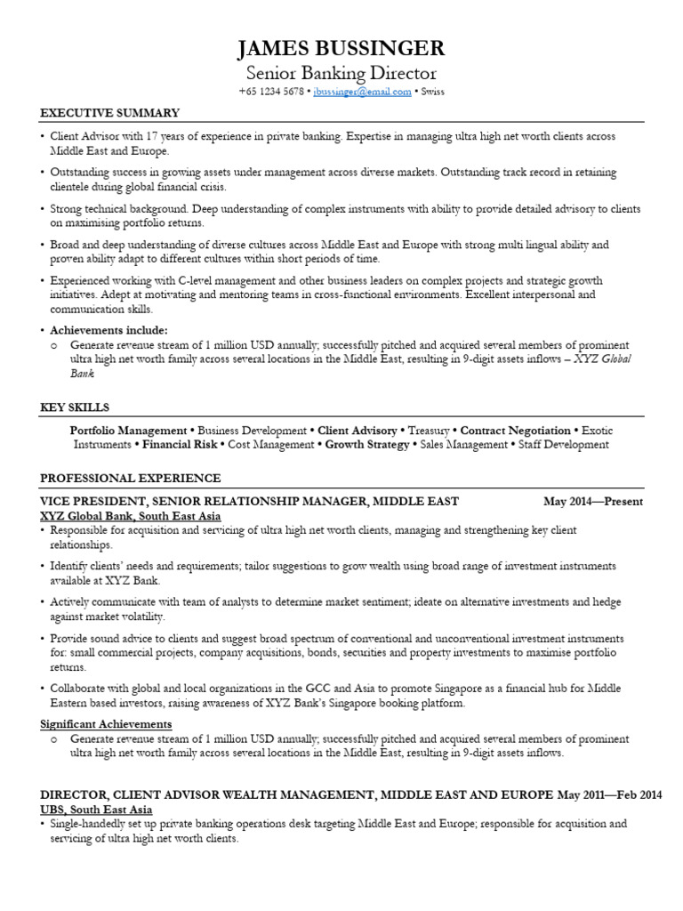 Client CV - Senior Banking Director (SG) | PDF | Ubs | Economies