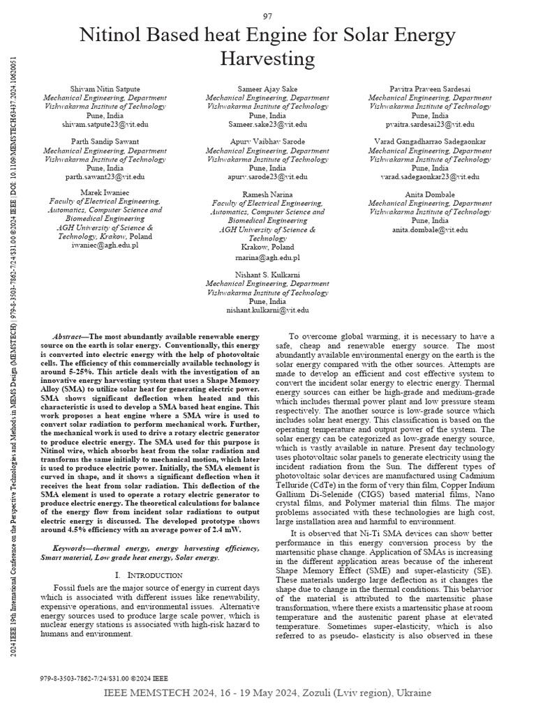 Nitinol Based Heat Engine For Solar Energy Harvesting | PDF | Shape ...
