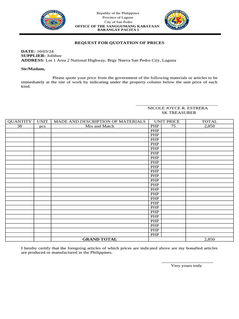 FOOD Quotation Format (1) (2) | PDF | Php