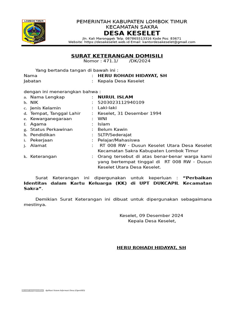 contoh surat keterangan domisili dari desa | PDF