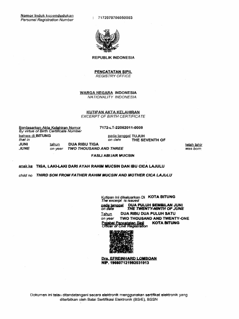 Akta Kelahiran Fasli Abijar Mucsin | PDF