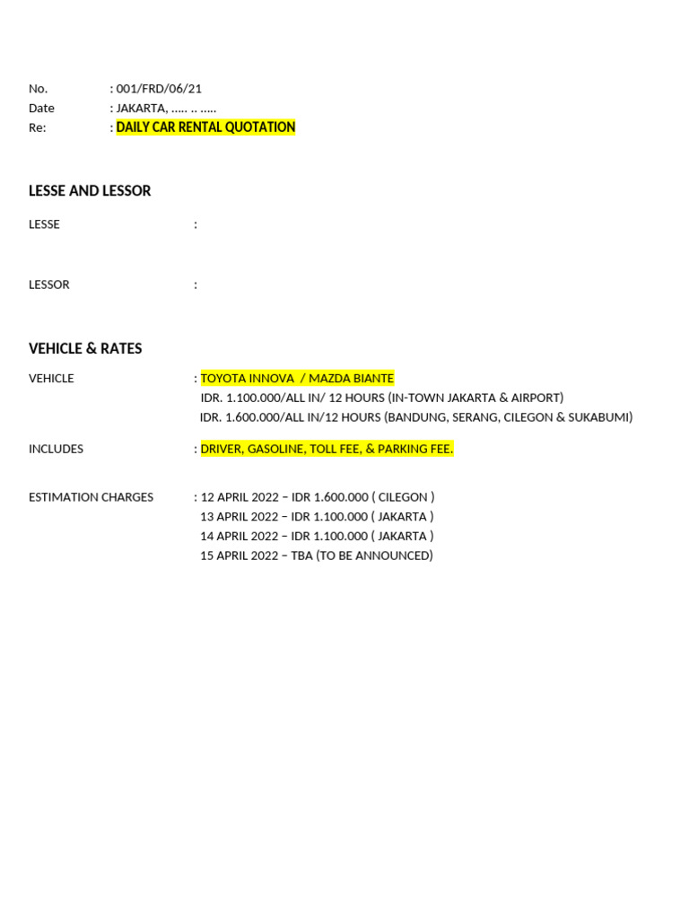 Car Rental Quotation - October 2022 D | PDF