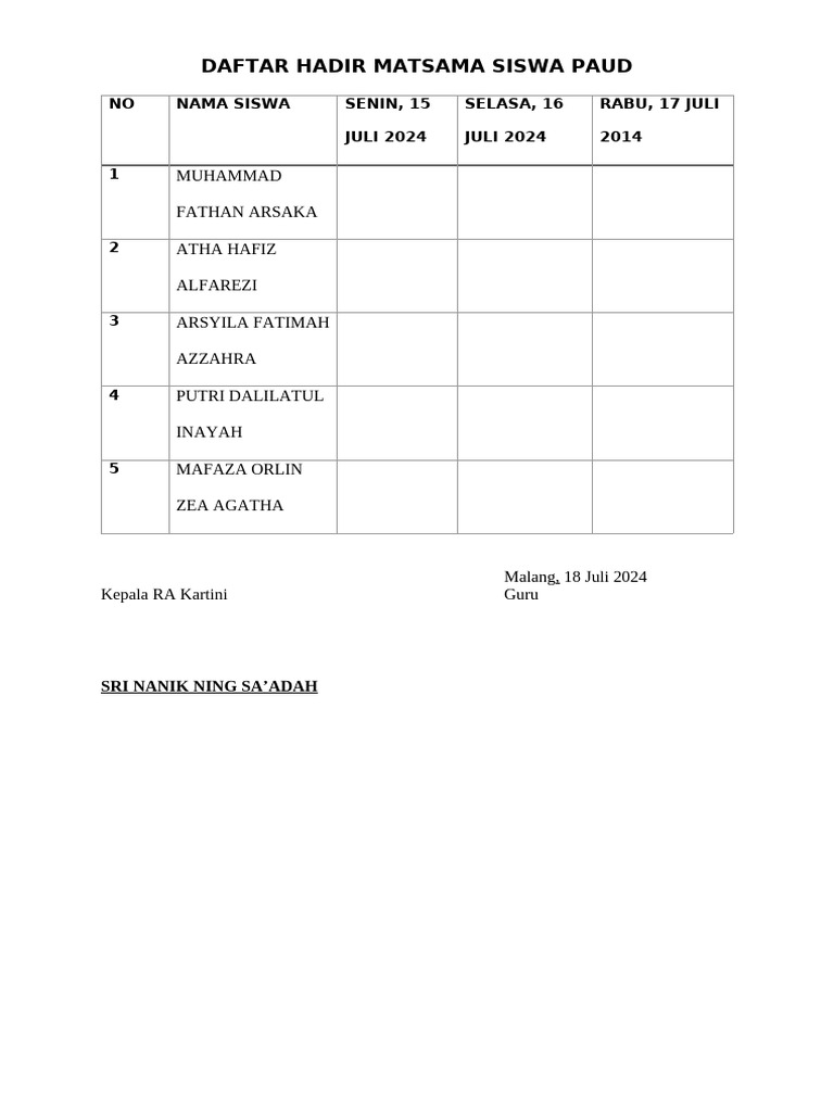 Daftar Hadir Siswa Paud Matsama | PDF