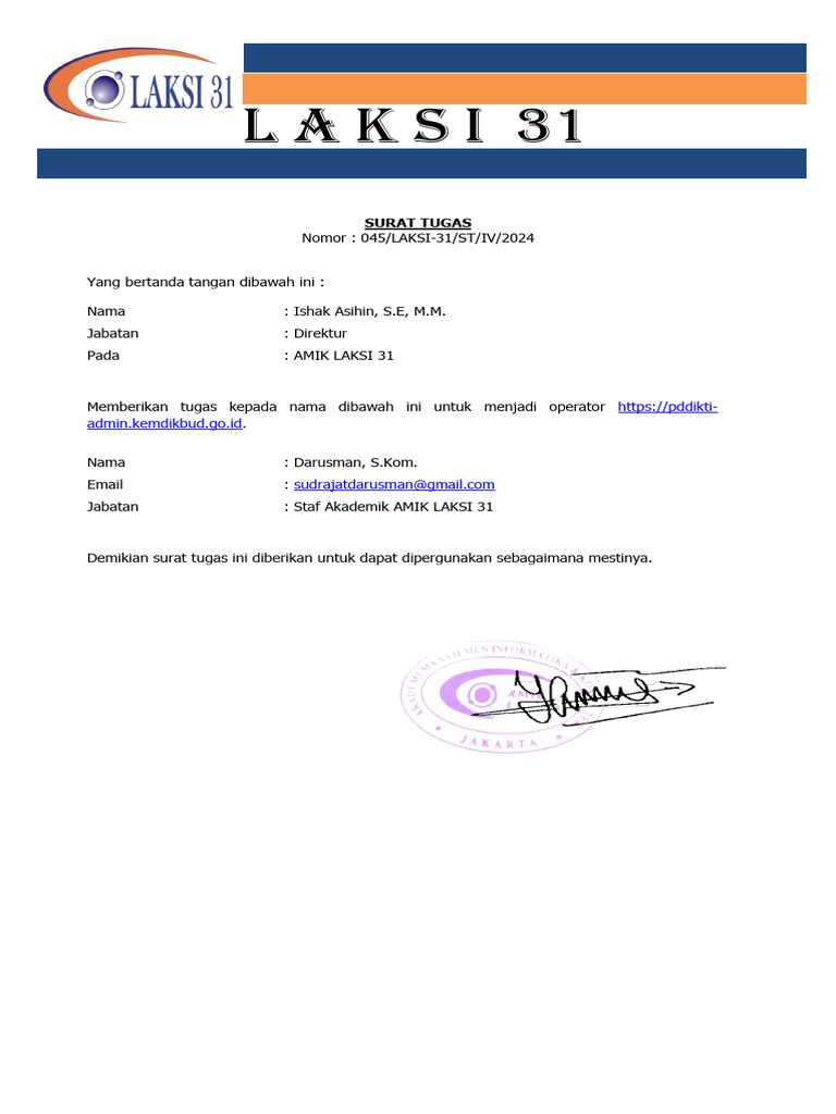 Surat Tugas Operator Pddikti | PDF