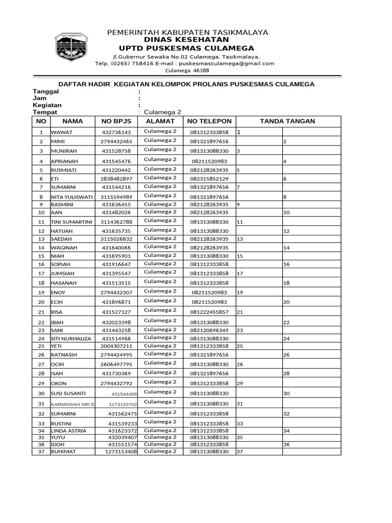 Daftar Hadir Prolanis 2024 | PDF