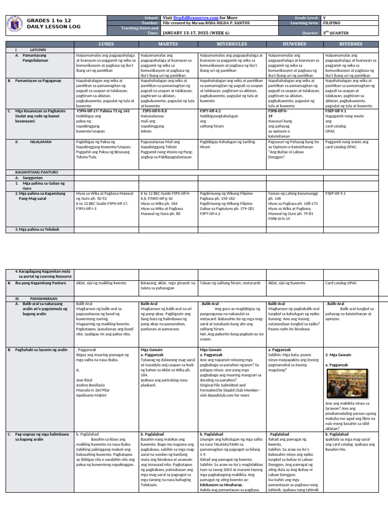 Dll-Filipino 5 - Q3 - W6 | PDF