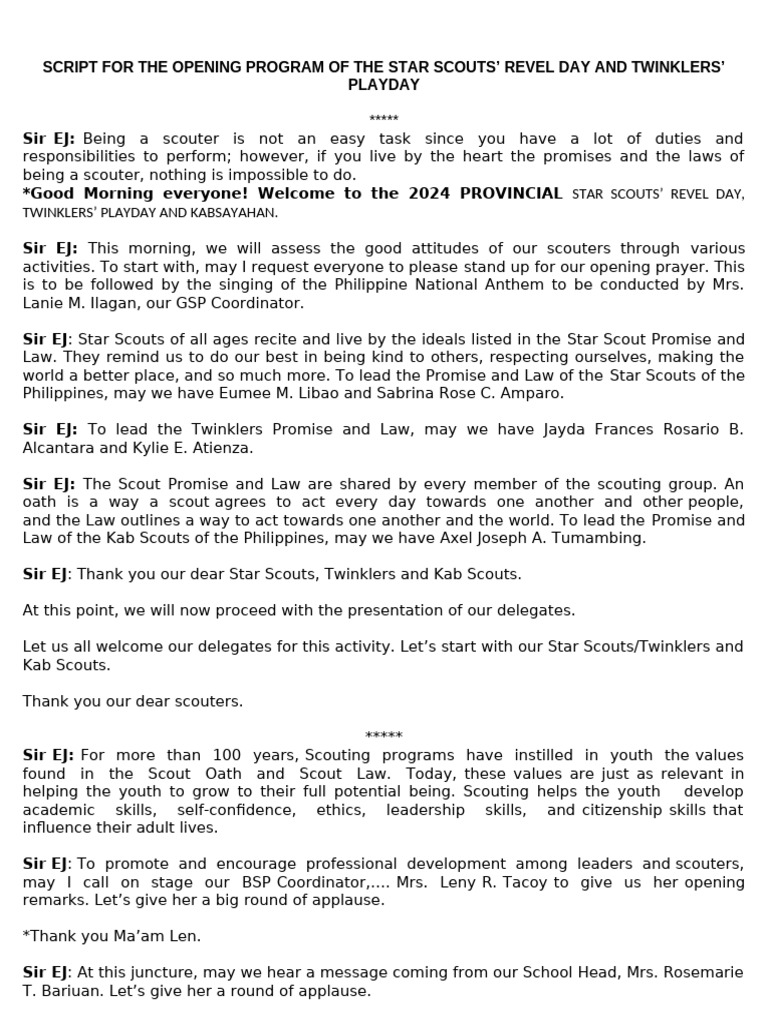 SCRIPT-OPENING PROGRAM - Kab,Star | PDF | Youth Movements | Scouting