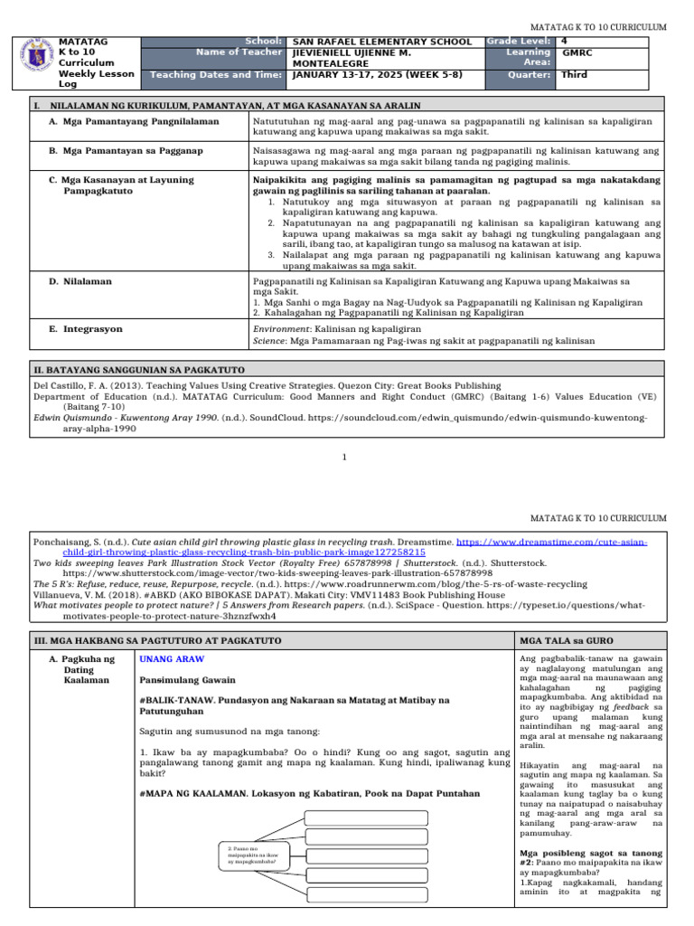 DLL Matatag - GMRC 4 q3 w6 | PDF