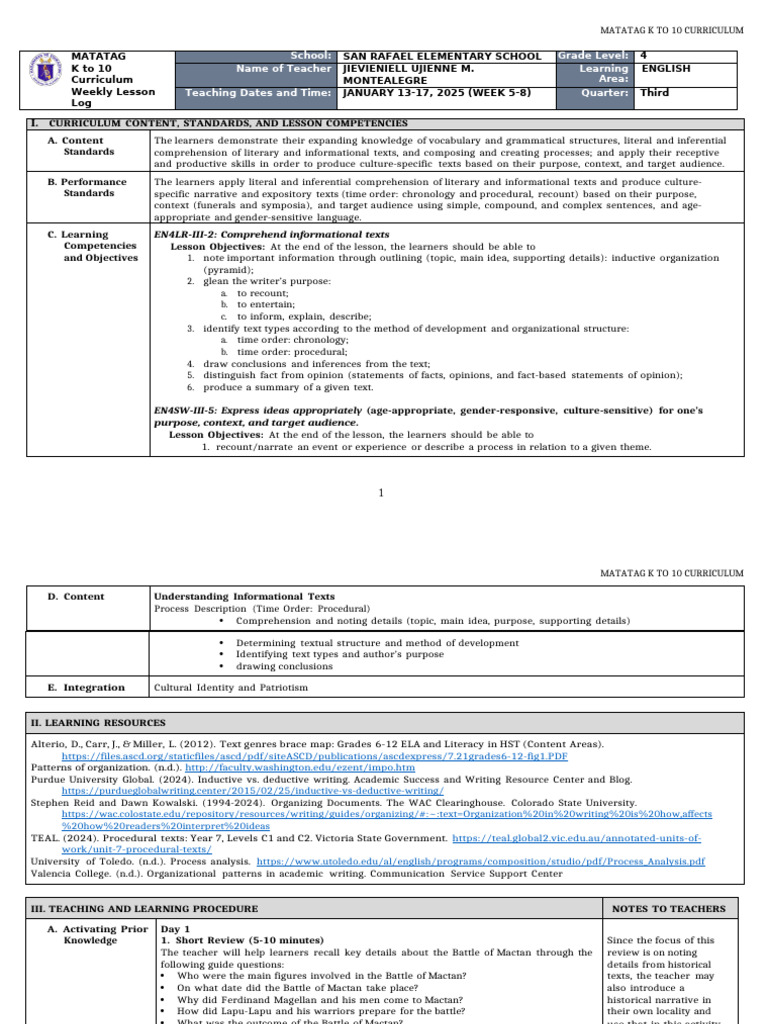 DLL MATATAG _ENGLISH 4 Q3 W6 | PDF | Reading Comprehension | Curriculum