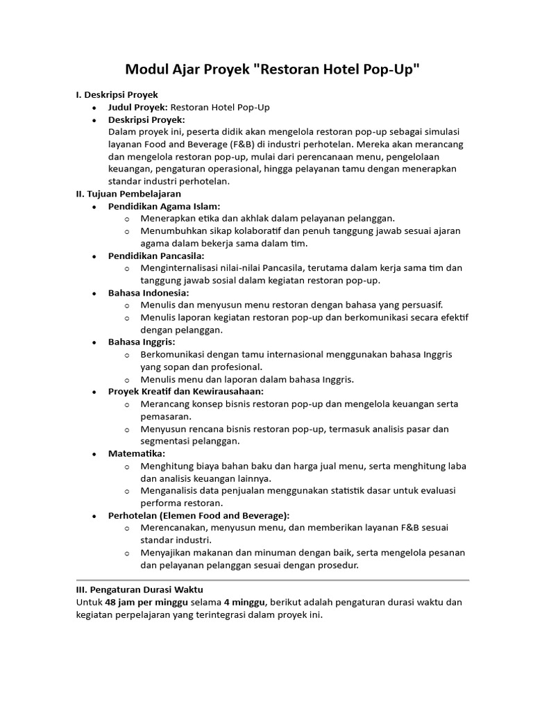 Modul Ajar Projek Integratif Perhotelan | PDF
