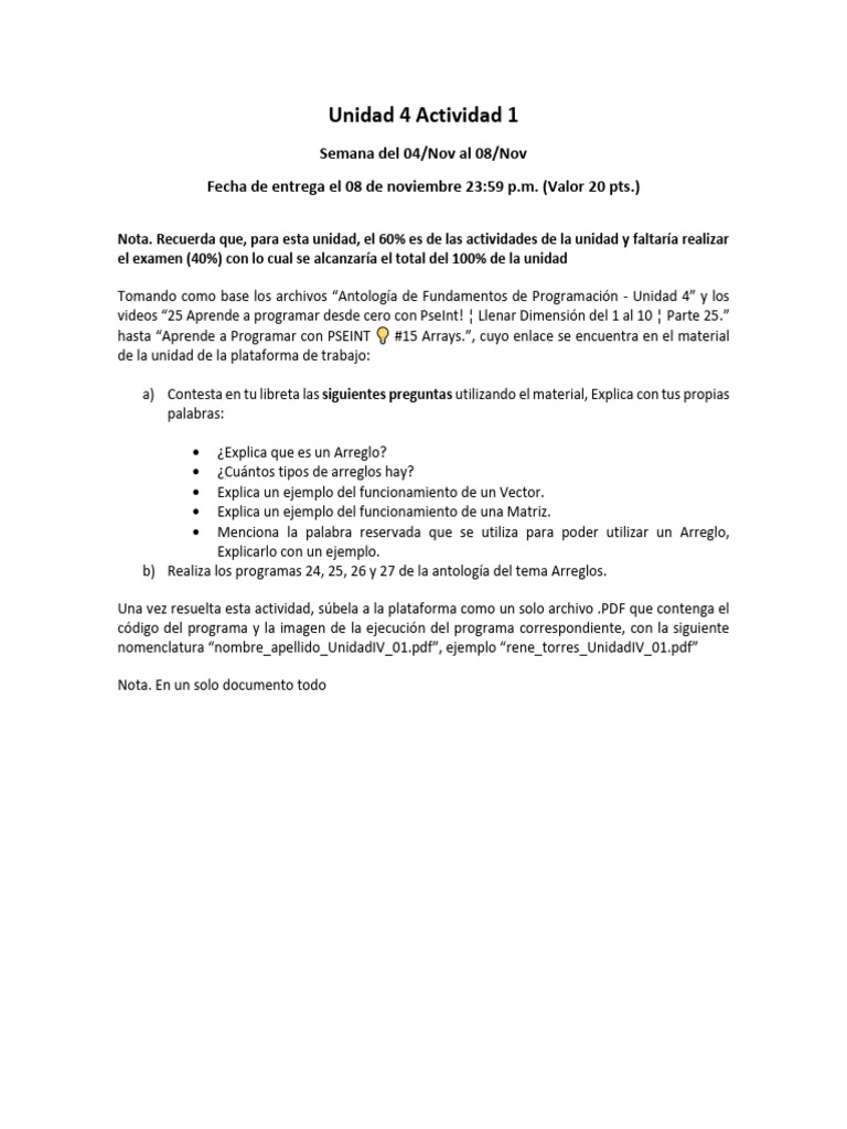 Actividades para la Unidad 4 - Fundamentos de Programación-1 | PDF
