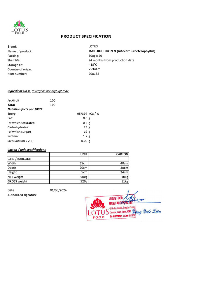 Frozen Lotus Jackfruit Specifications | PDF