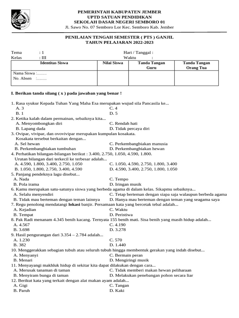 Soal Pts Kelas 3 Tema 1 | PDF