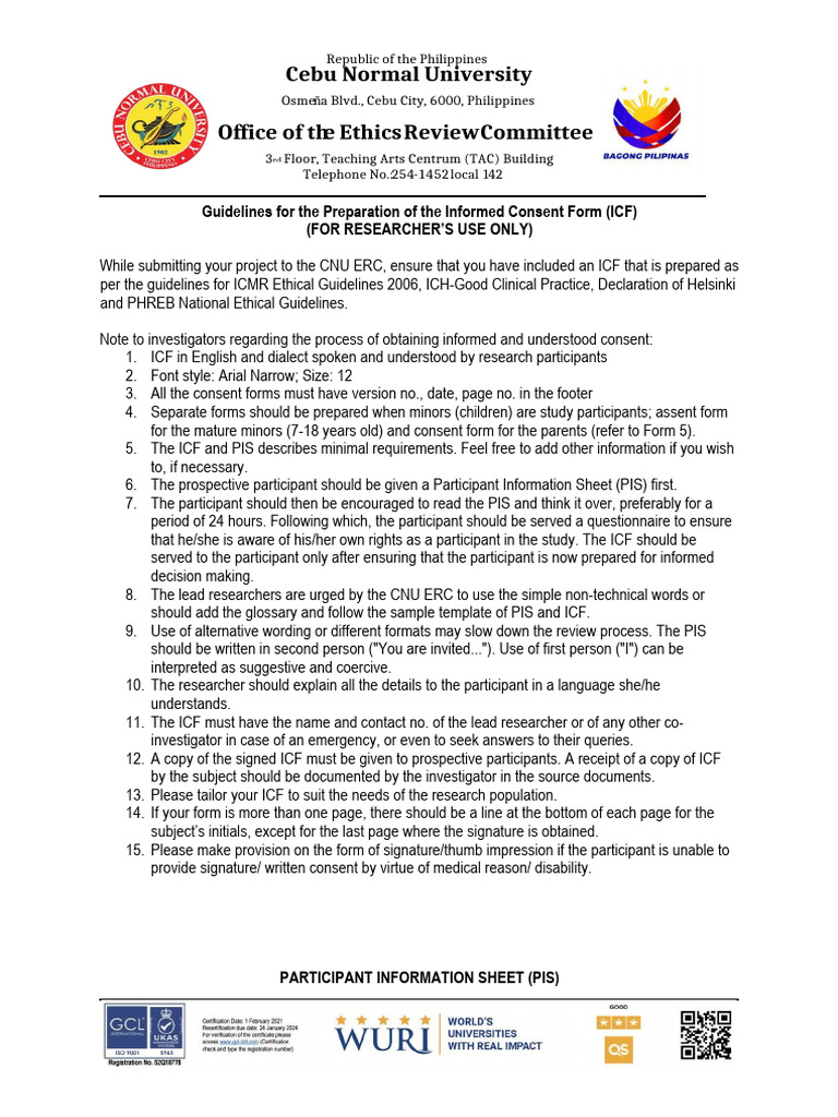 Form 4. Participant Information Sheet and Informed Consent Form For Participants of Legal Age ...