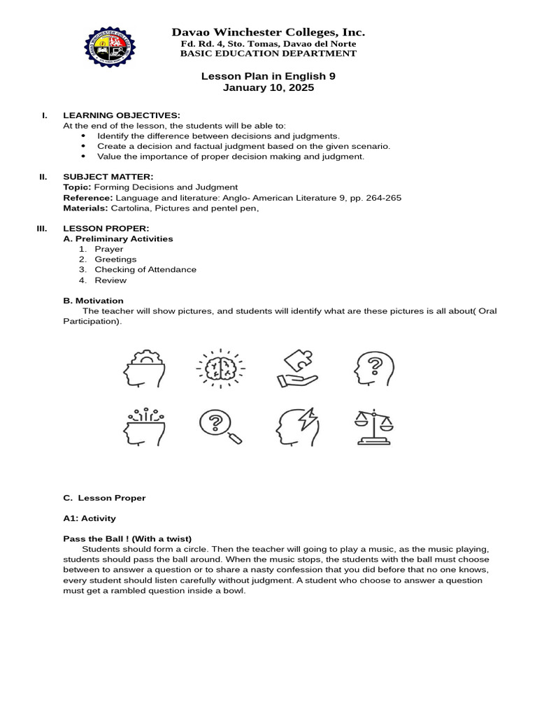 English 9 Lesson Plan: Decisions & Judgments | PDF | Decision Making ...