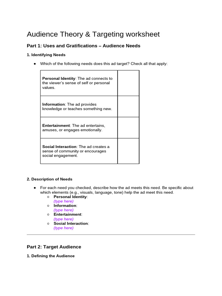Audience Needs & Targeting Analysis Worksheet | PDF