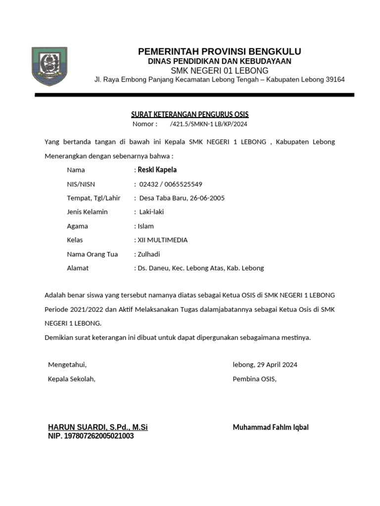 Surat Keterangan Ketua OSIS 2024 | PDF