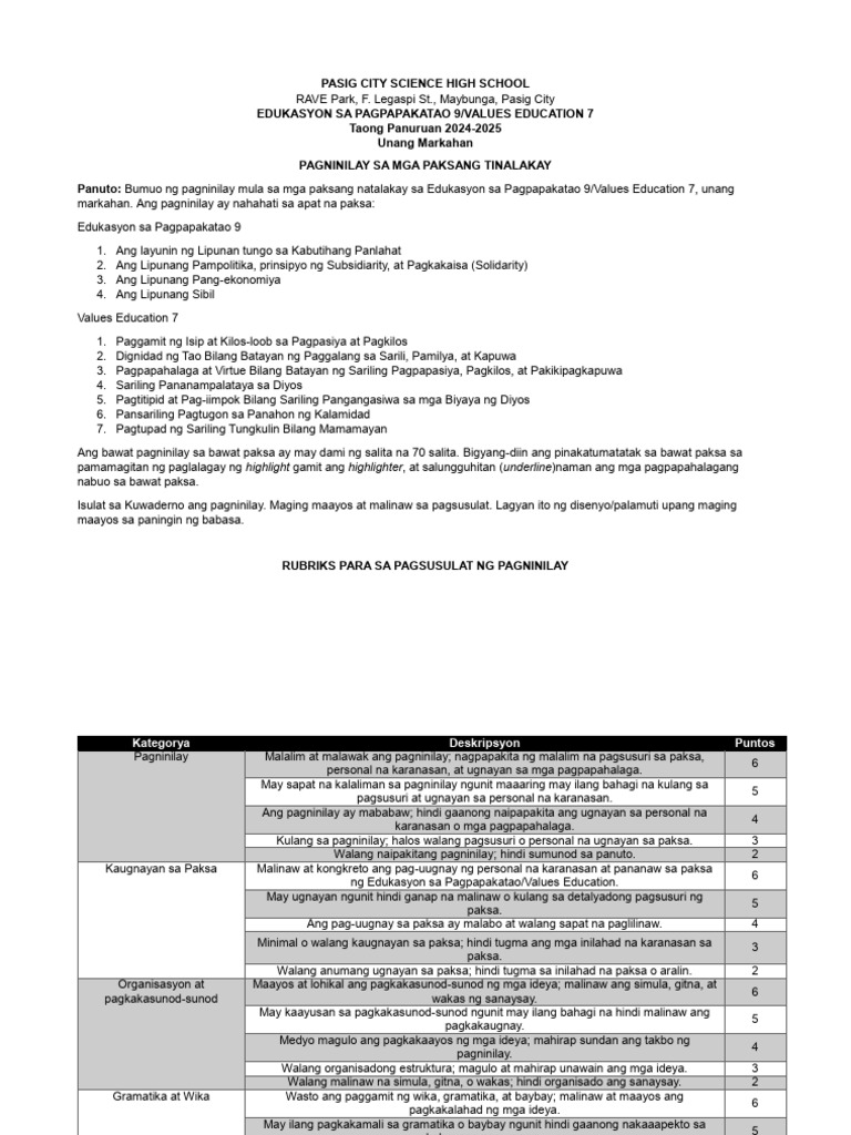 Rubriks para Sa Pagsusulat NG Pagninilay | PDF