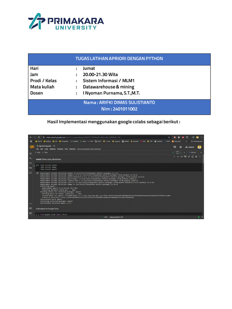 Tugas Latihan Apriori Dengan Python - Arifki Dimas S - 2401011002 | PDF