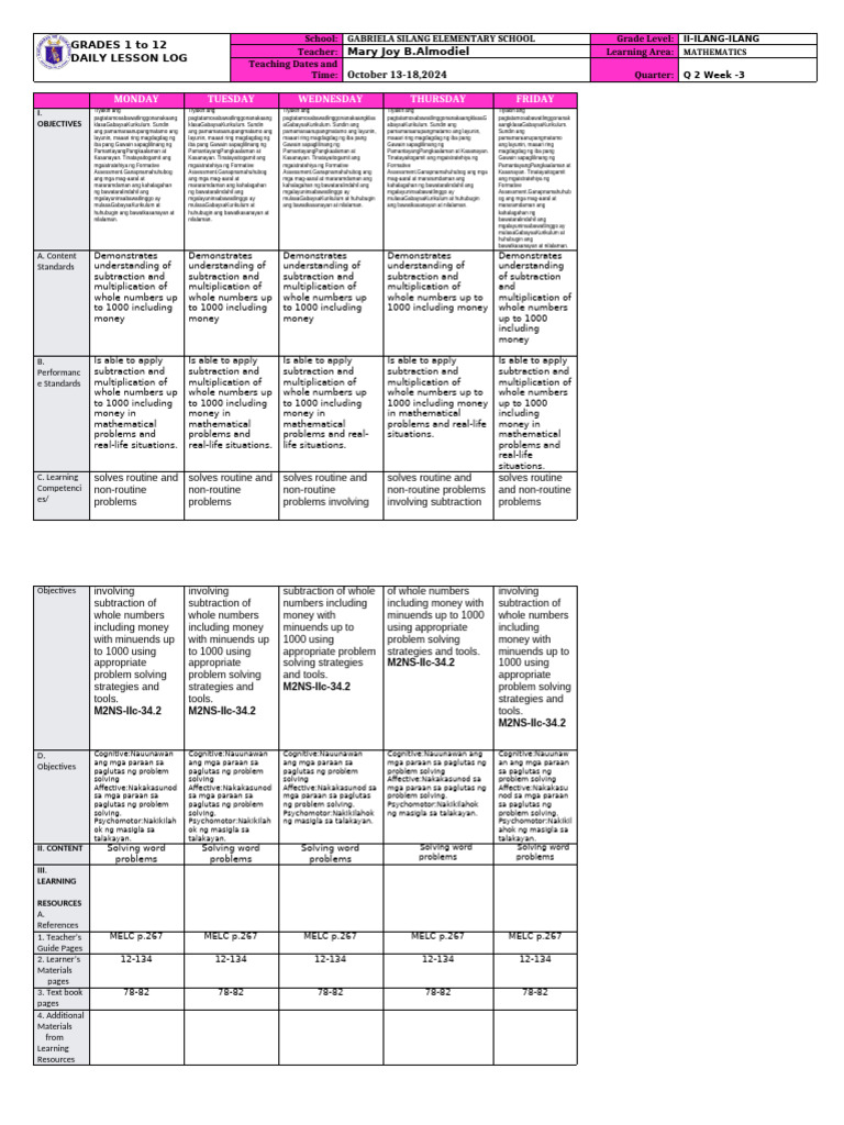 DLL Math 2 Q2 Week 3 Sy 2024 2025 | PDF
