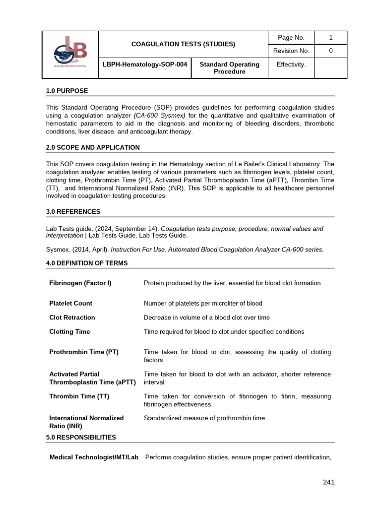 Coagulation Testing SOP Guide | PDF | Coagulation | Body Fluids