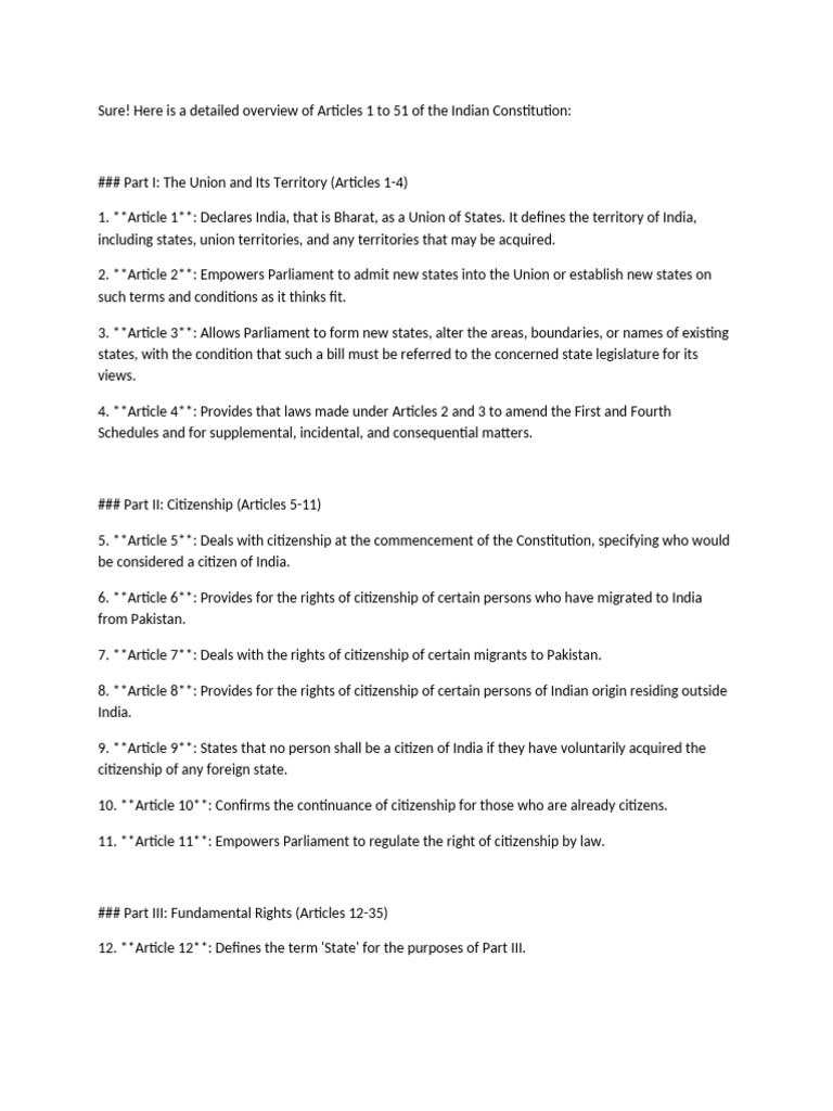 Overview of Articles 1-51 in India | PDF | Government | Social Ethics