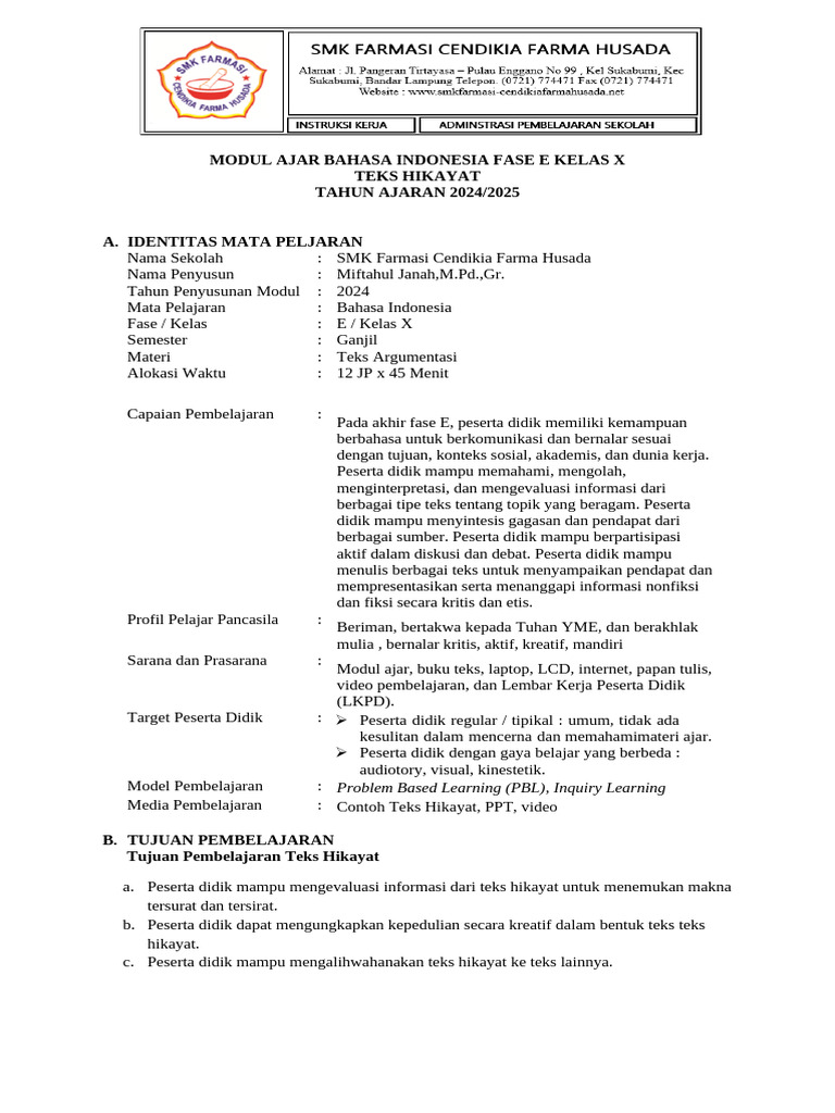 Modul Ajar Teks Hikayat Kelas X | PDF