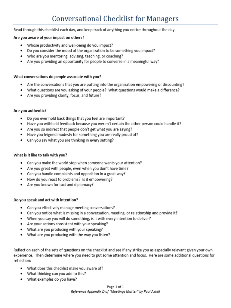 Manager's Conversational Checklist Guide | PDF | Question | Conversation