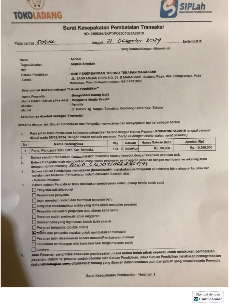 Surat Kesepakatan Pembatalan Transaksi S | PDF