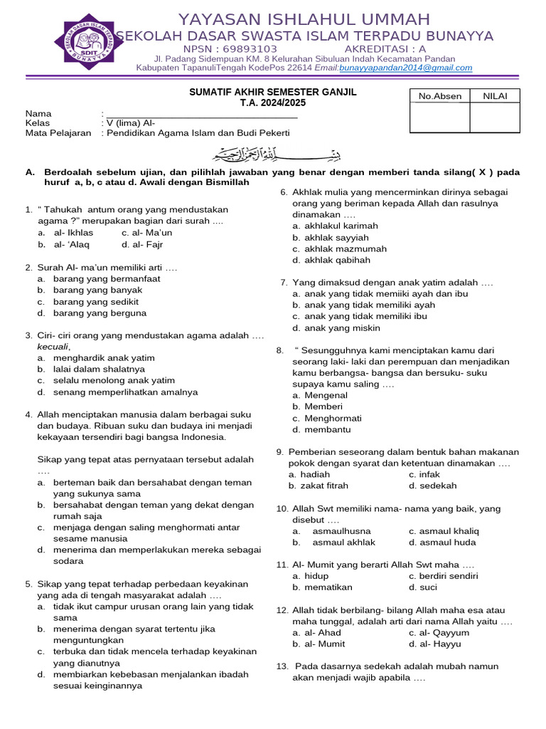 Soal Pai KLS 5 Sas Ganjil Revisi | PDF