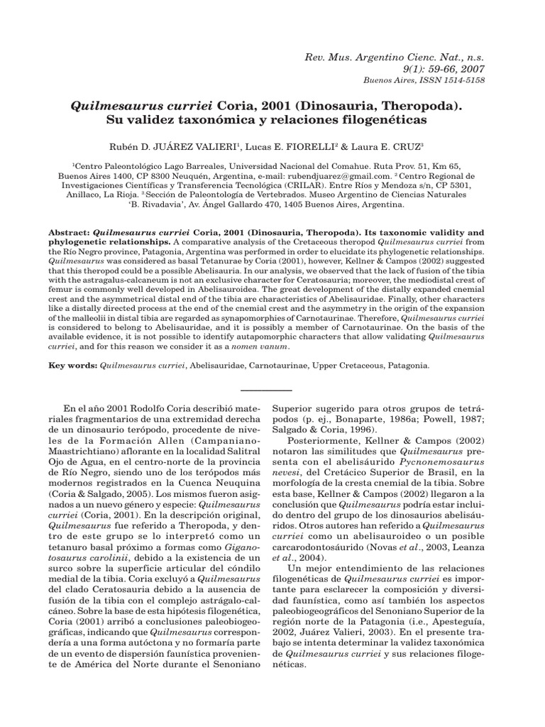 Juárez Valieri, Fiorelli, Cruz, 2007, Quilmesaurus Curriei Coria, 2001 ...