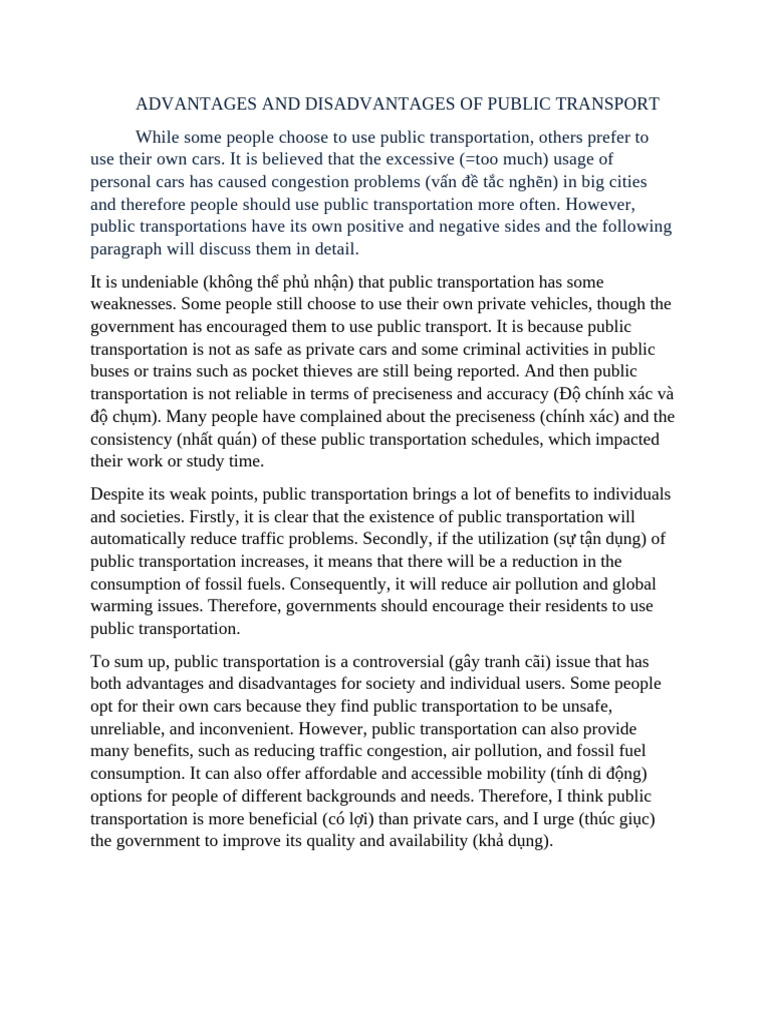 Advantages and Disadvantages of Public Transport | PDF