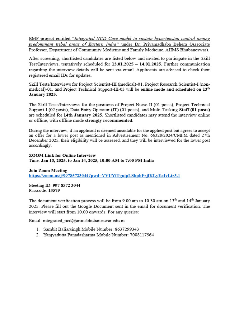 Amended Eligibility List Shortlisted Candidtae Integrated NCD Care | PDF