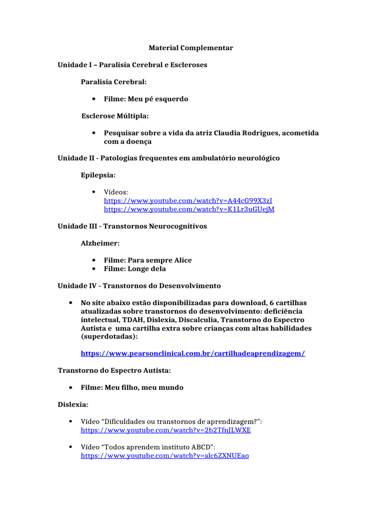 Material Complementar - Patologias | PDF | Dislexia | Medicina Clínica