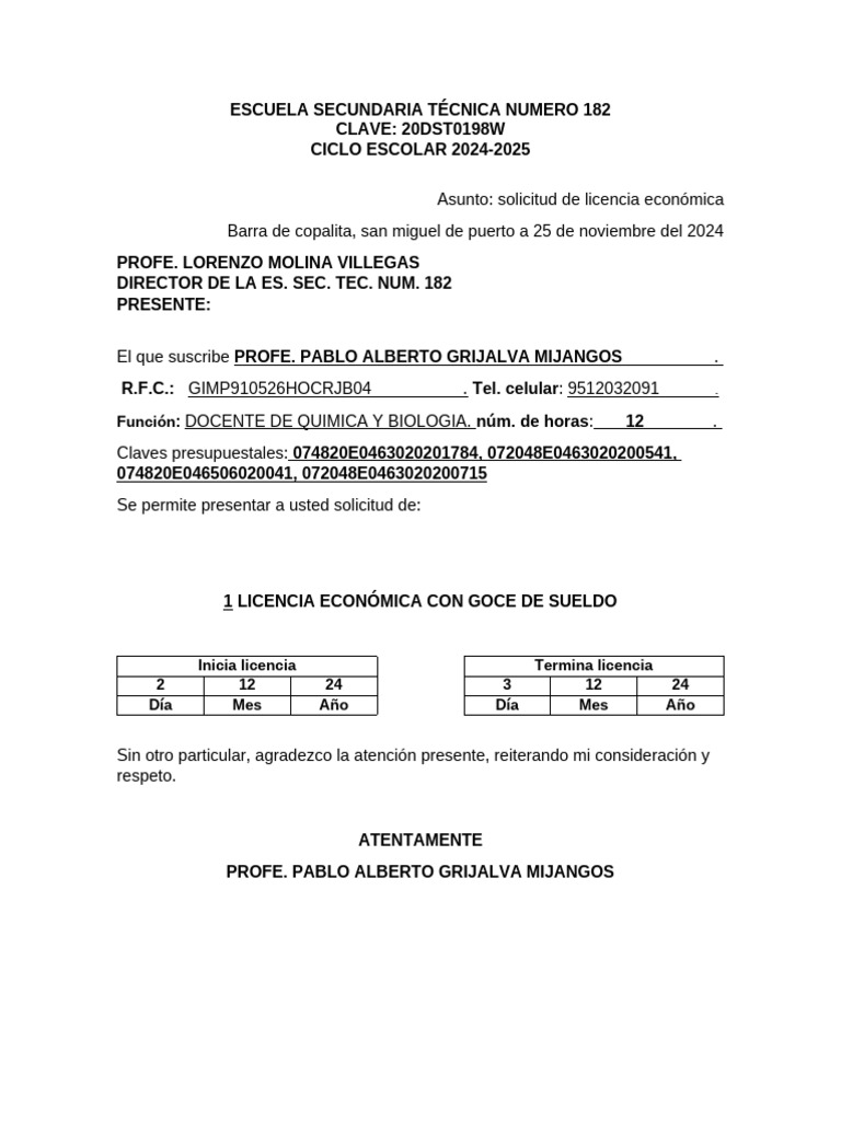 Solicitud de Permiso Economico - 090640 | PDF