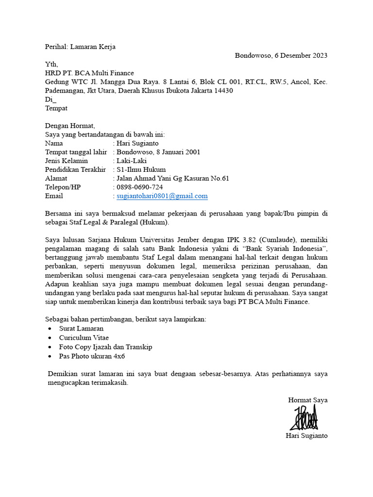 Lamaran Staf Legal PT BCA Multi Finance | PDF