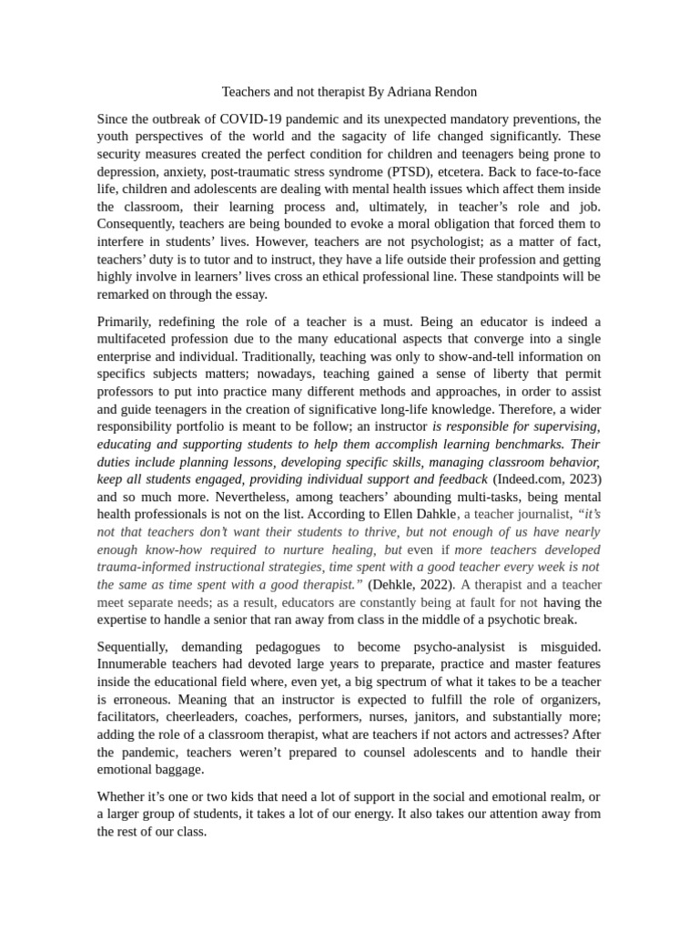 Teachers and Not Therapist by Adriana Rendon | PDF | Major Depressive ...