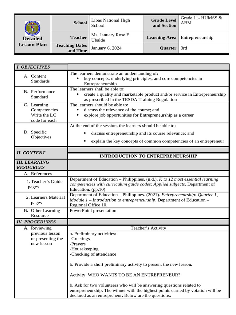 ENTREP DLP-Q3-W1 - Lesson 1 | PDF | Entrepreneurship | Learning