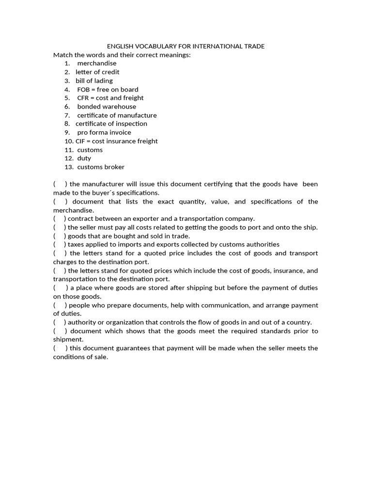 English Xi Vocabulary For International Trade | PDF